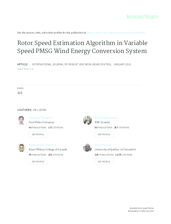 Pdf Rotor Speed Estimation Algorithm In Variable Speed Pmsg Wind Energy Conversion System 