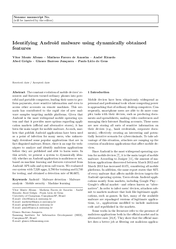 (PDF) Identifying Android malware using dynamically obtained features