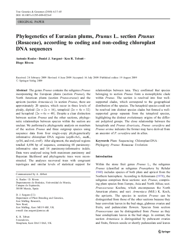 (PDF) Phylogenetics of Eurasian plums, Prunus L. section Prunus (Rosaceae), according to coding ...