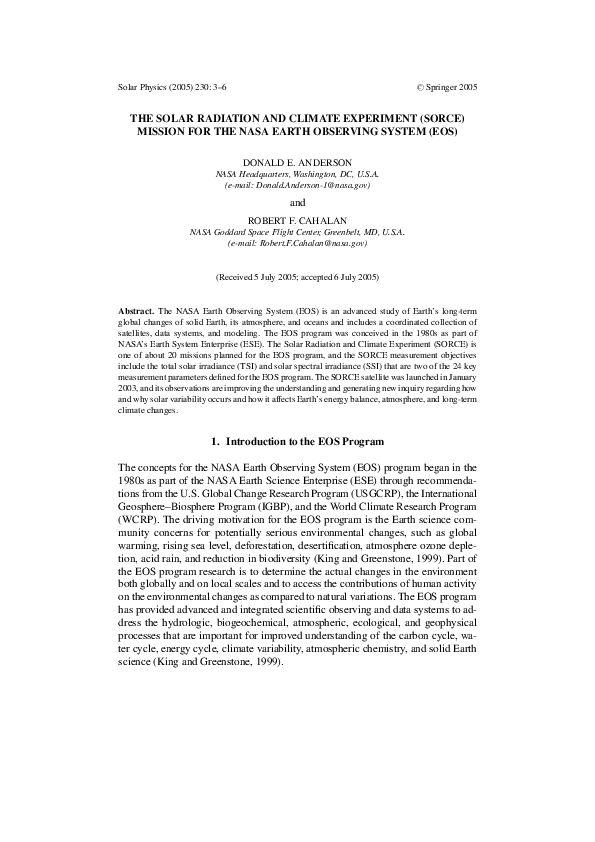 (PDF) The Solar Radiation and Climate Experiment (SORCE) Mission for ...