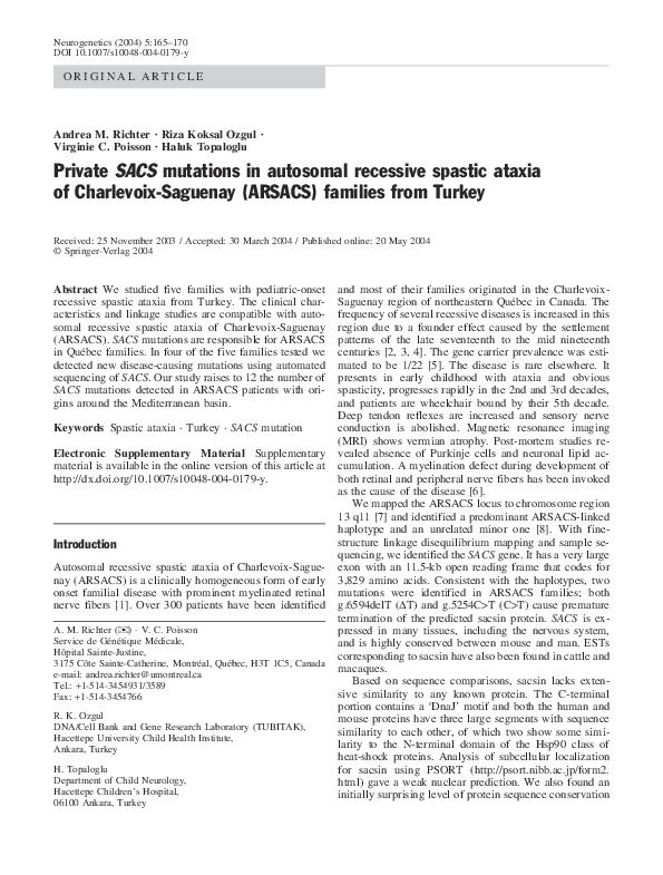 (PDF) Autosomal recessive spastic ataxia of Charlevoix-Saguenay (ARSACS): typical clinical and ...