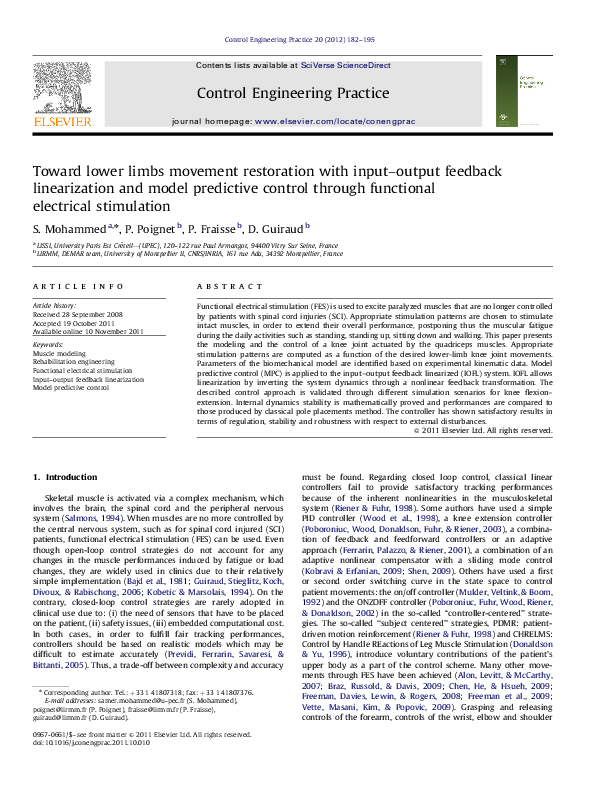 Pdf Toward Lower Limbs Movement Restoration With Inputoutput Feedback Linearization And Model
