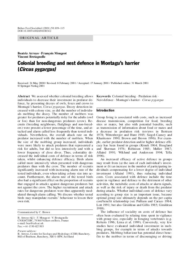 (PDF) Colonial breeding and nest defence in Montagu's harrier ( Circus ...