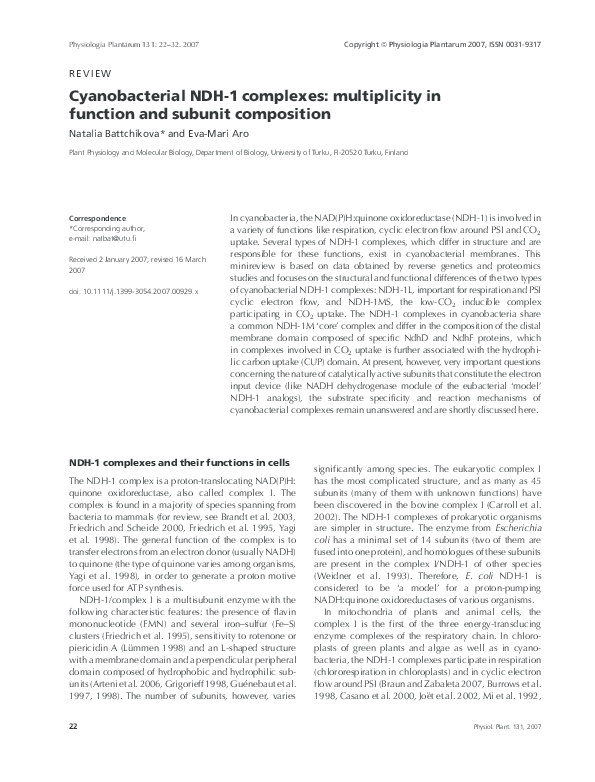 (PDF) Cyanobacterial NDH-1 complexes: multiplicity in function and ...