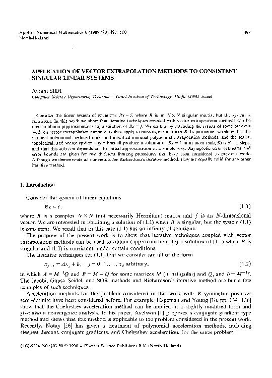 (PDF) Application of vector extrapolation methods to consistent singular linear systems
