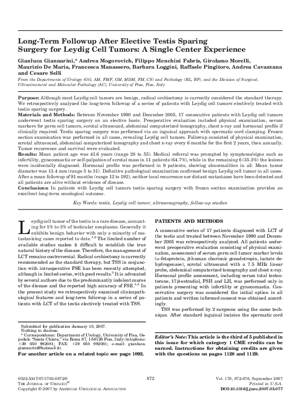 (PDF) Long-Term Followup After Elective Testis Sparing Surgery for ...