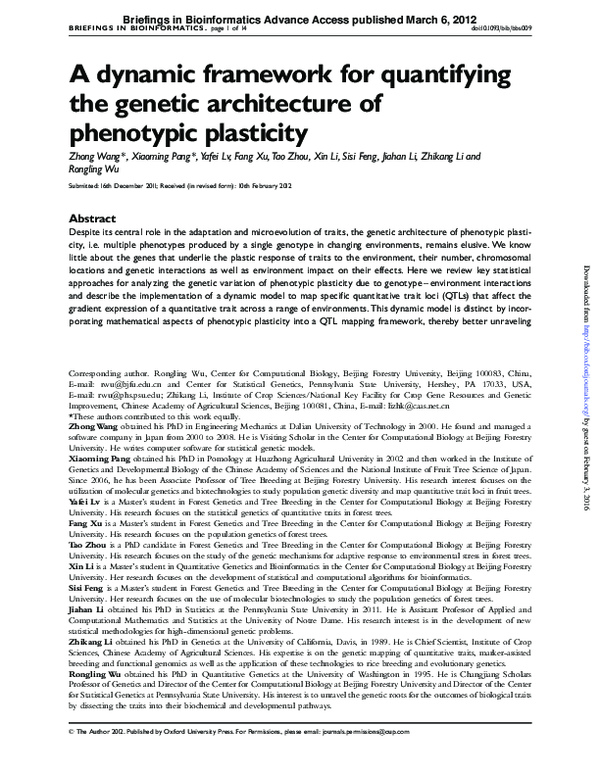 (PDF) A dynamic framework for quantifying the genetic architecture of phenotypic plasticity