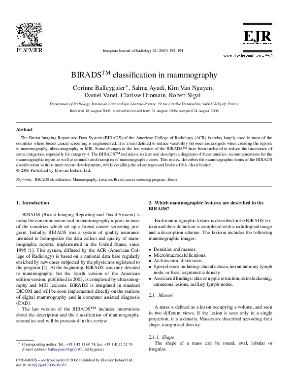 (PDF) BIRADS™ classification in mammography