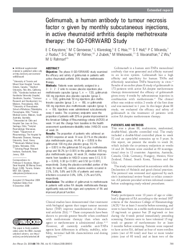 (PDF) Golimumab, a human antibody to tumour necrosis factor given by monthly subcutaneous ...