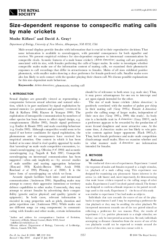 (PDF) Size-dependent response to conspecific mating calls by male crickets