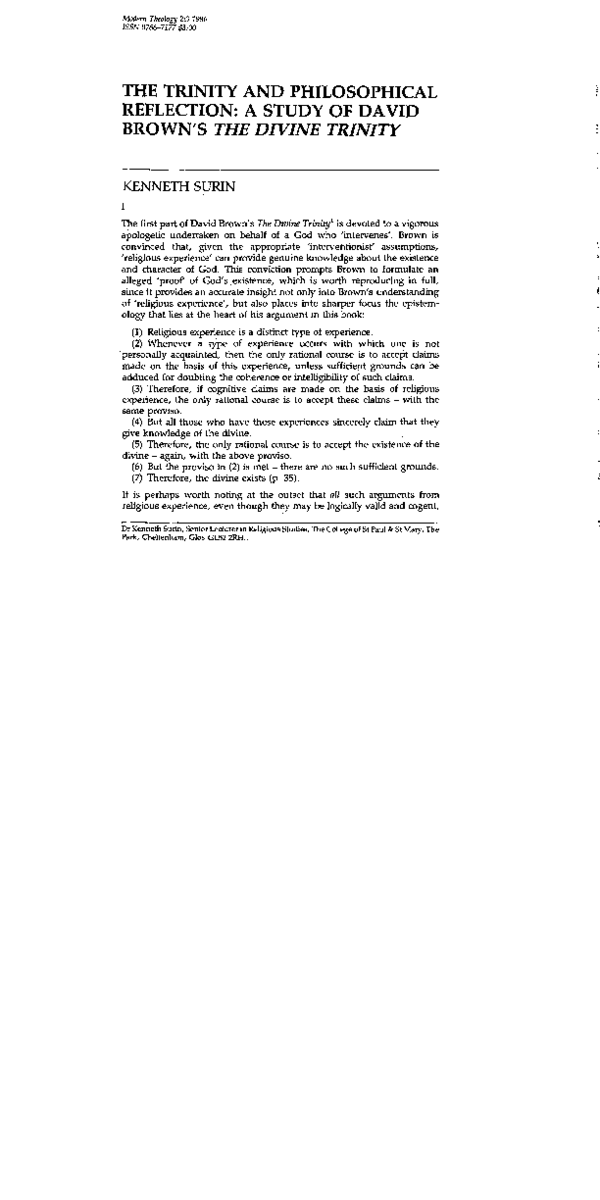 (PDF) THE TRINITY AND PHILOSOPHICAL REFLECTION: A STUDY OF DAVID BROWN ...