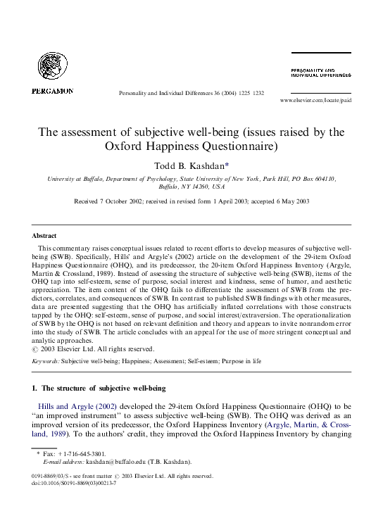 (PDF) The assessment of subjective well-being (issues raised by the ...