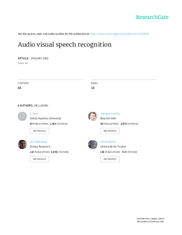 (PDF) Audio-Visual Speech Recognition