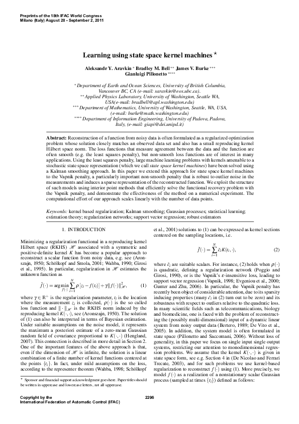 (PDF) Learning using state space kernel machines