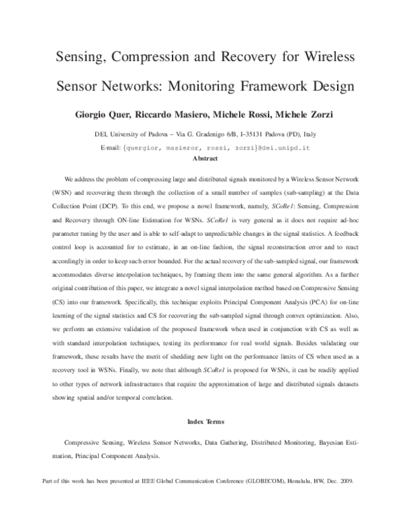 Sensing Compression And Recovery For Wireless Sensor Networks Monitoring Framework Design