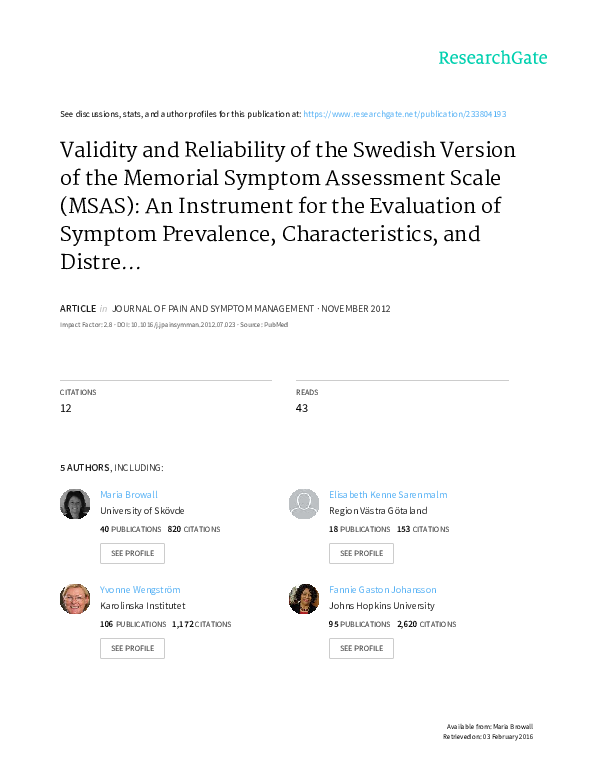 Pdf Validity And Reliability Of The Swedish Version Of The Memorial Symptom Assessment Scale