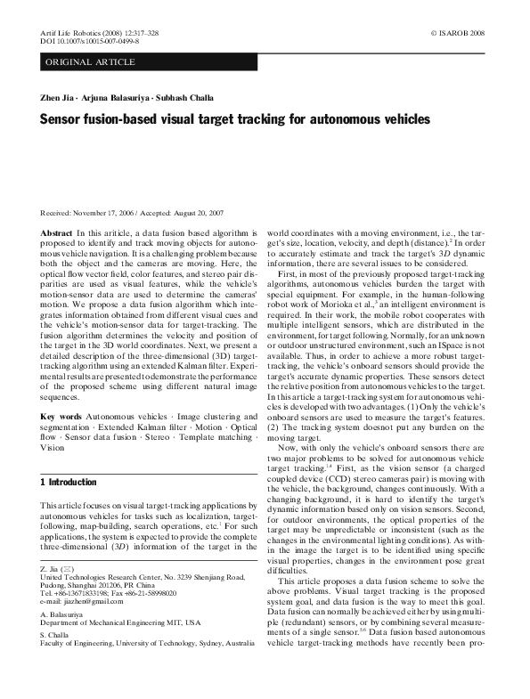 (PDF) Sensor fusion-based visual target tracking for autonomous vehicles