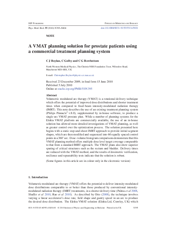 (PDF) A VMAT planning solution for prostate patients using a commercial ...