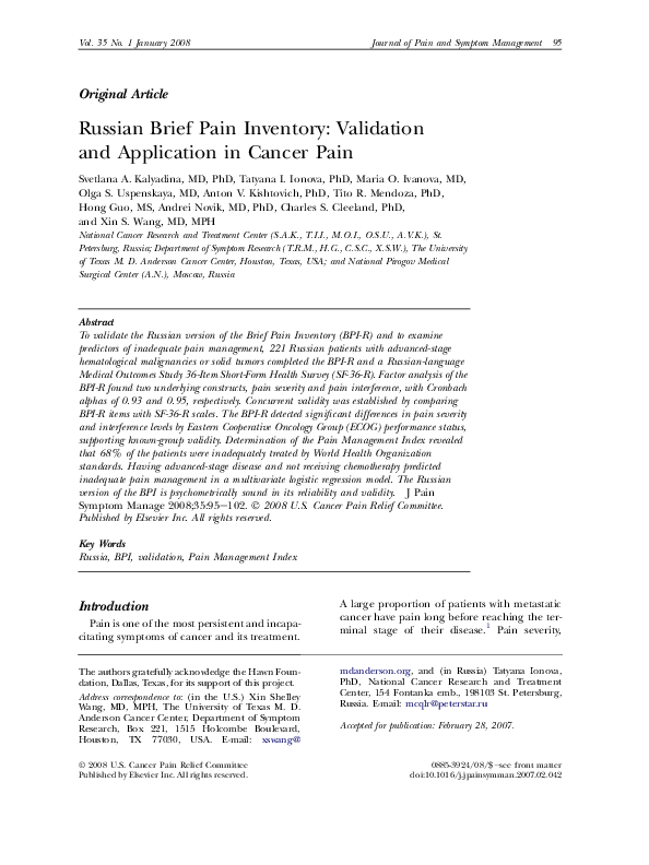 (PDF) Russian Brief Pain Inventory: Validation and Application in ...