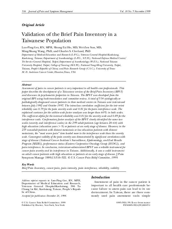 (PDF) Validation of the Brief Pain Inventory in a Taiwanese Population