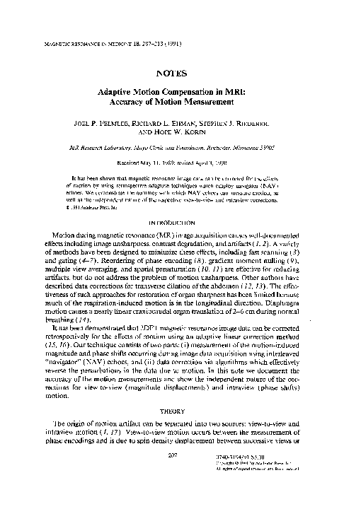 Pdf Adaptive Motion Compensation In Mri Accuracy Of Motion Measurement
