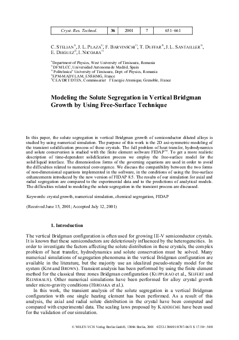 (PDF) Modeling the Solute Segregation in Vertical Bridgman Growth by ...