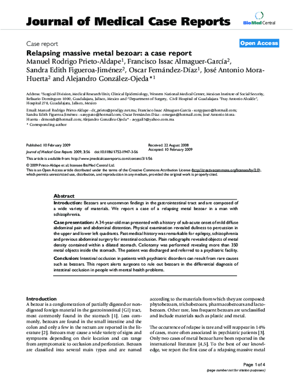 (PDF) Relapsing massive metal bezoar: a case report