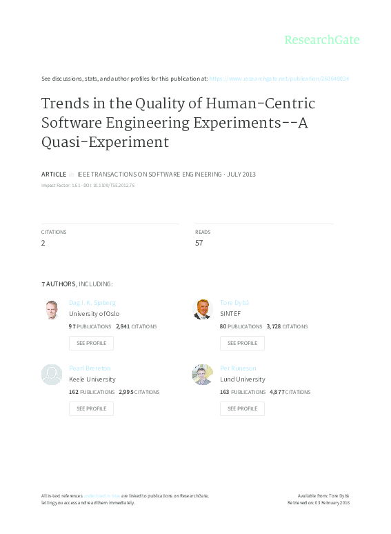 (PDF) Trends in the Quality of Human-Centric Software Engineering Experiments--A Quasi-Experiment