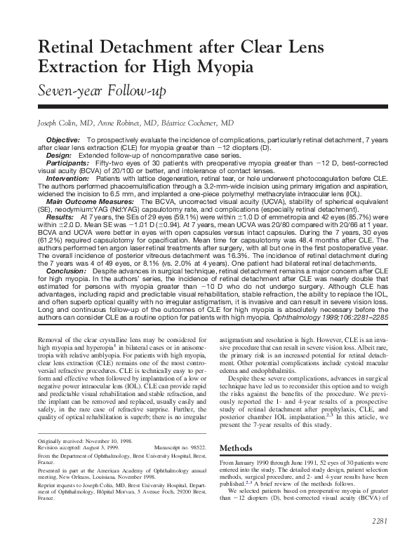 (PDF) Retinal detachment after clear lens extraction for high myopia