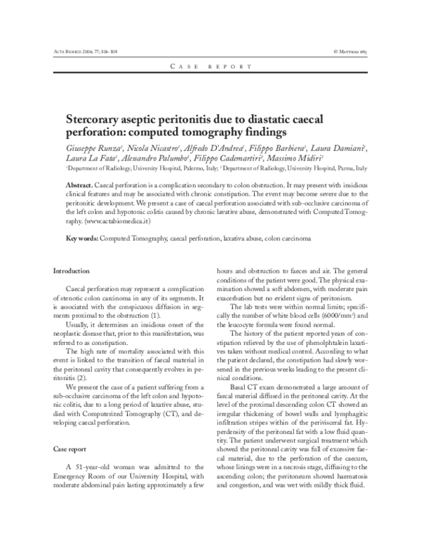(PDF) Stercorary aseptic peritonitis due to diastatic caecal ...