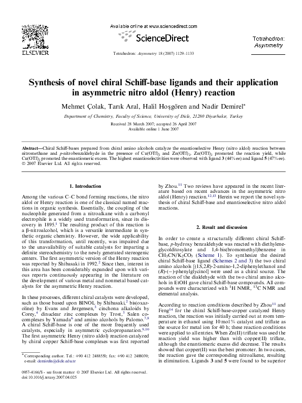 (PDF) Synthesis of novel chiral Schiff-base ligands and their ...
