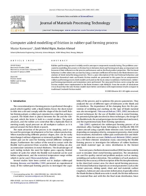 (PDF) Computer aided modelling of friction in rubber-pad forming process