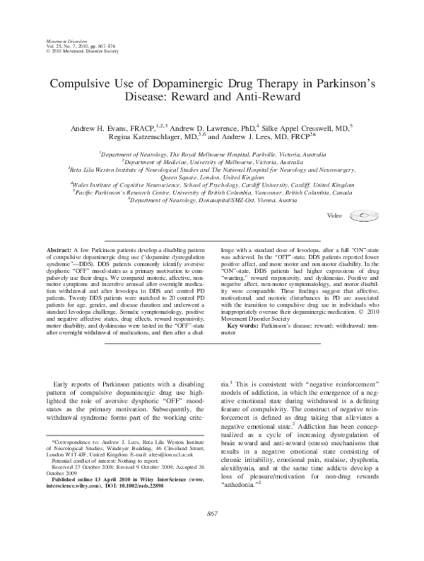(PDF) Compulsive use of dopaminergic drug therapy in Parkinson's ...