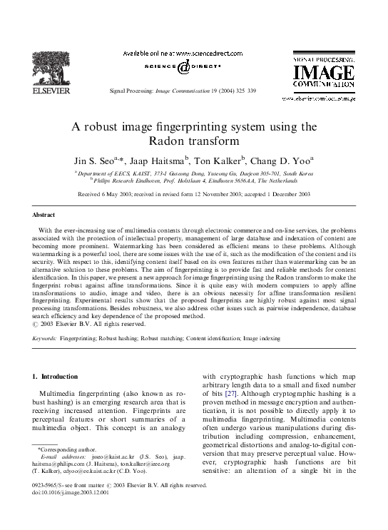 (PDF) A robust image fingerprinting system using the Radon transform