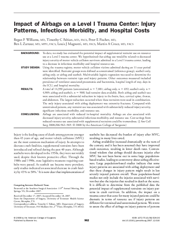 (PDF) Impact of Airbags on a Level I Trauma Center: Injury Patterns ...