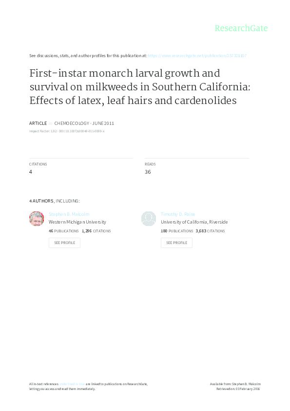 (PDF) First-instar monarch larval growth and survival on milkweeds in ...
