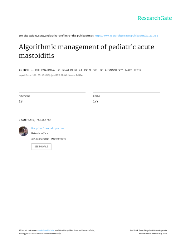 (PDF) Algorithmic management of pediatric acute mastoiditis