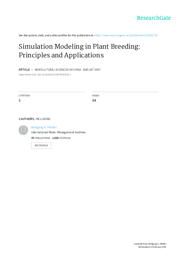 (PDF) Simulation Modeling in Plant Breeding: Principles and Applications