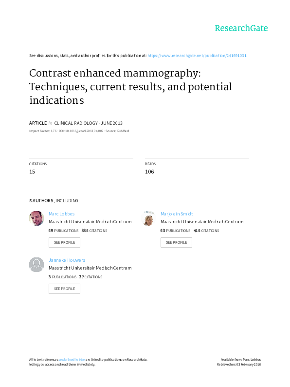 (PDF) Contrast enhanced mammography: Techniques, current results, and potential indications