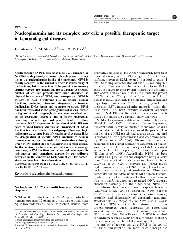 (PDF) Nucleophosmin and its complex network: a possible therapeutic ...