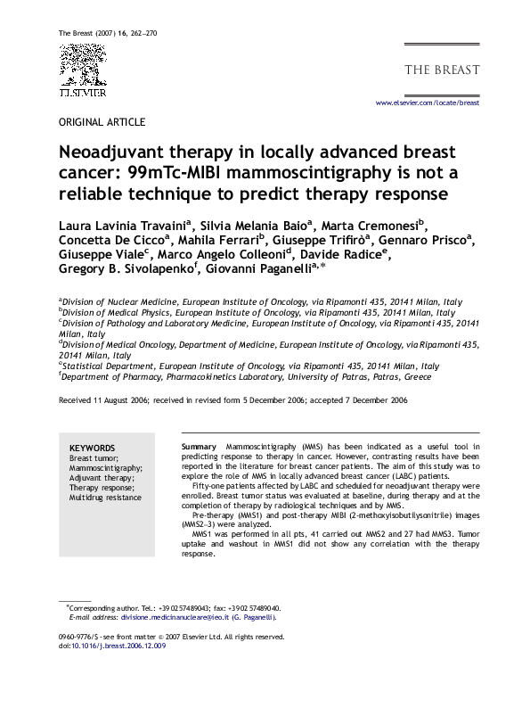 (PDF) Neoadjuvant therapy in locally advanced breast cancer: 99mTc-MIBI ...