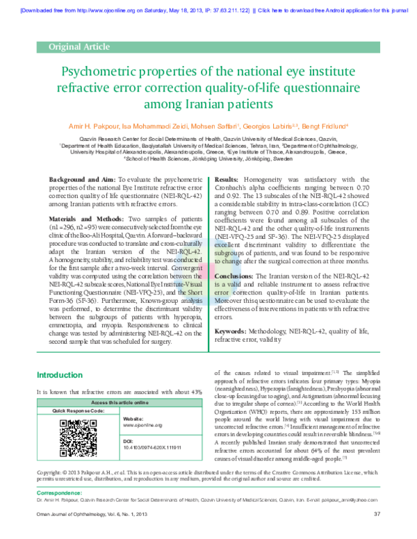 (PDF) Psychometric Properties of the National Eye Institute Visual Function Questionnaire (NEI-VFQ)