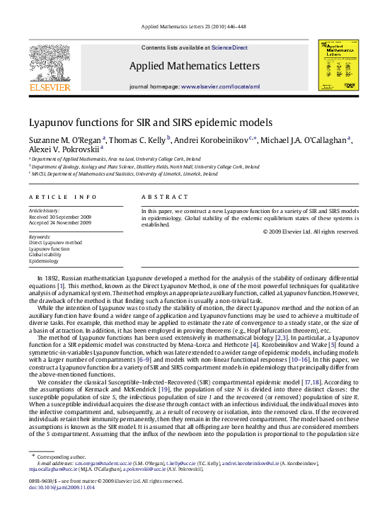 (PDF) Lyapunov functions for SIR and SIRS epidemic models