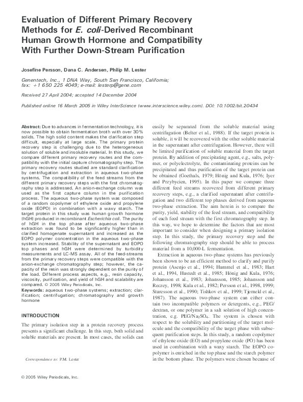 (PDF) Evaluation of different primary recovery methods forE. coli ...