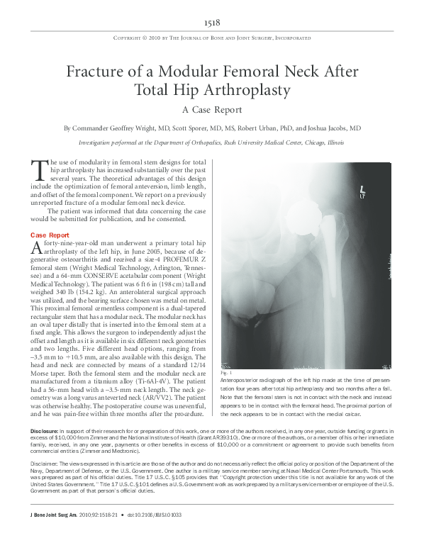 (PDF) Fracture of a modular femoral neck after total hip arthroplasty ...
