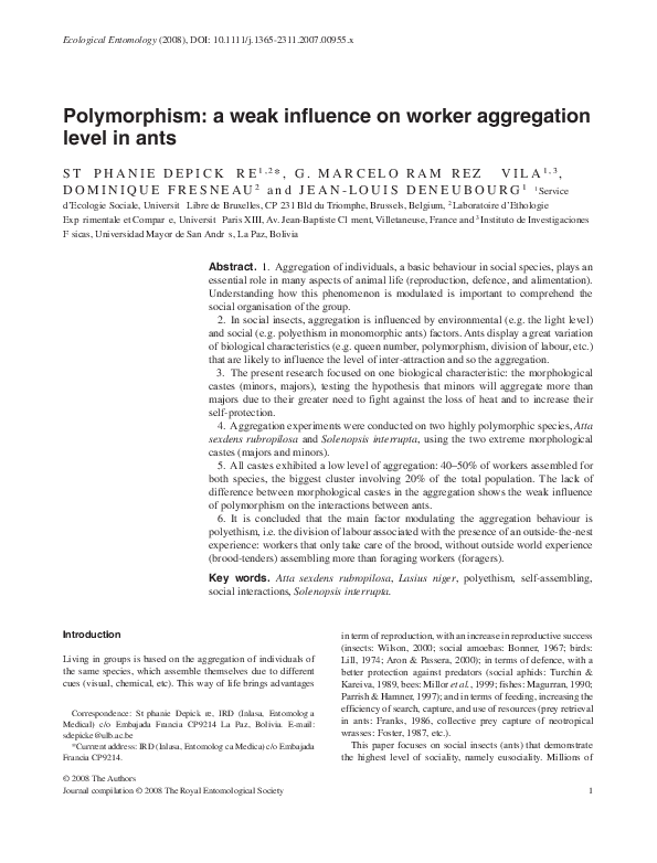 (PDF) Polymorphism: a weak influence on worker aggregation level in ants
