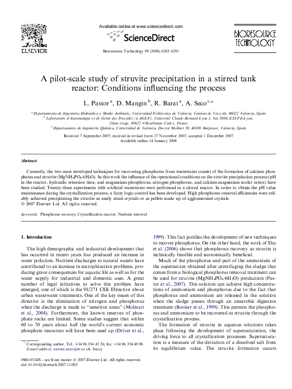 (PDF) A pilot-scale study of struvite precipitation in a stirred tank ...