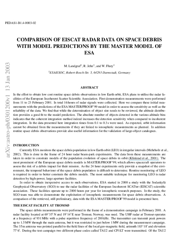 (PDF) EISCAT Radar vs. ESA MASTER Model: Space Debris Insights