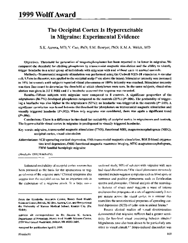 (PDF) The Occipital Cortex Is Hyperexcitable in Migraine: Experimental ...