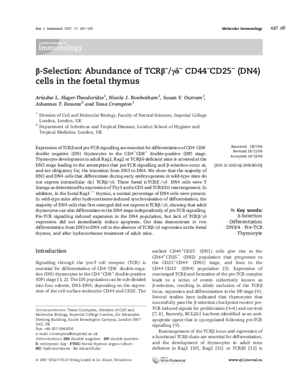 (PDF) β-Selection: Abundance of TCRβ–/γδ– CD44–CD25– (DN4) cells in the ...